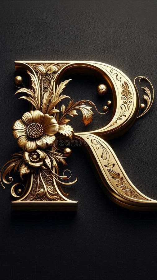 Elegant Gold Letter R Monogram with Floral Ornament on Dark Background ...