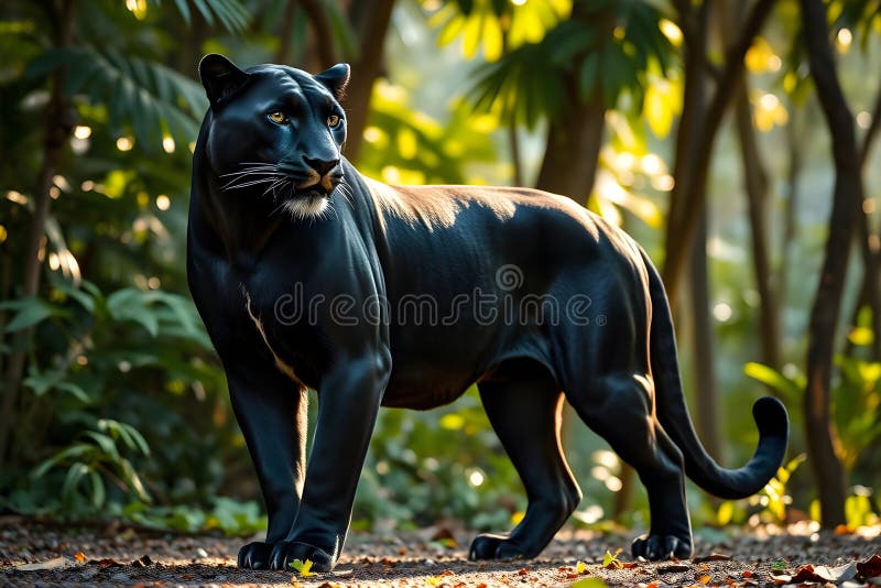A Sleek Black Panther Stands Gracefully on a Forest Path, Surrounded by ...