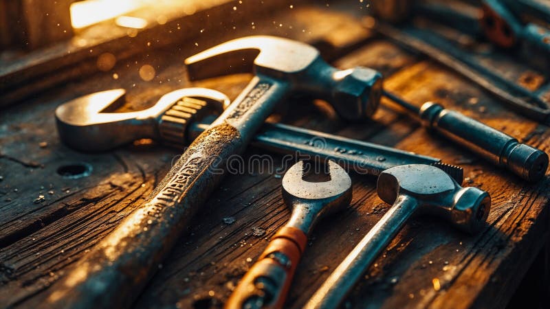 Rustic Hand Tools Including Hammer, Wrench, and Spanner Laid Out on a ...