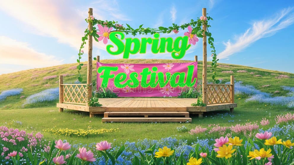 Spring Festival Stage: Colorful Banner and Green Surroundings for Music ...