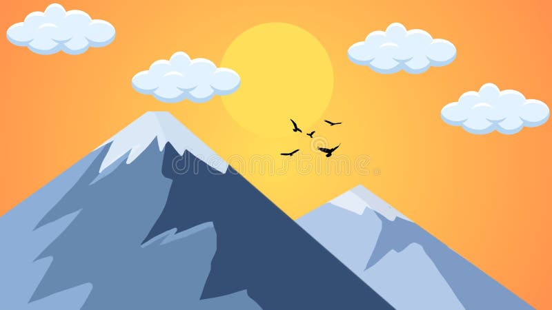 Snow-capped Mountains Rise Against an Orange Sky, with a Large Yellow ...