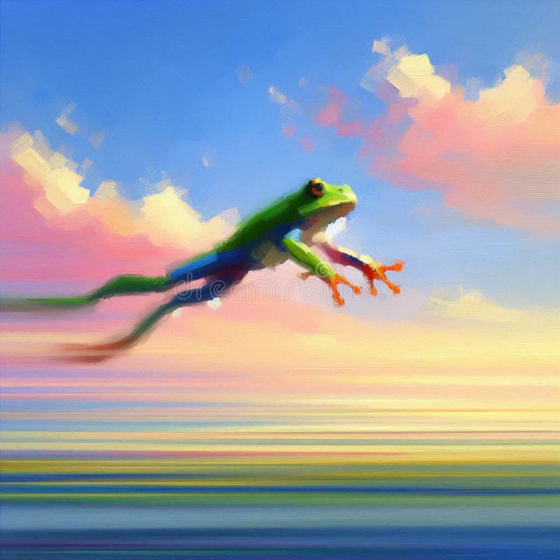 A Green Frog Jump To the Sky with Pastel Colors Stock Illustration ...