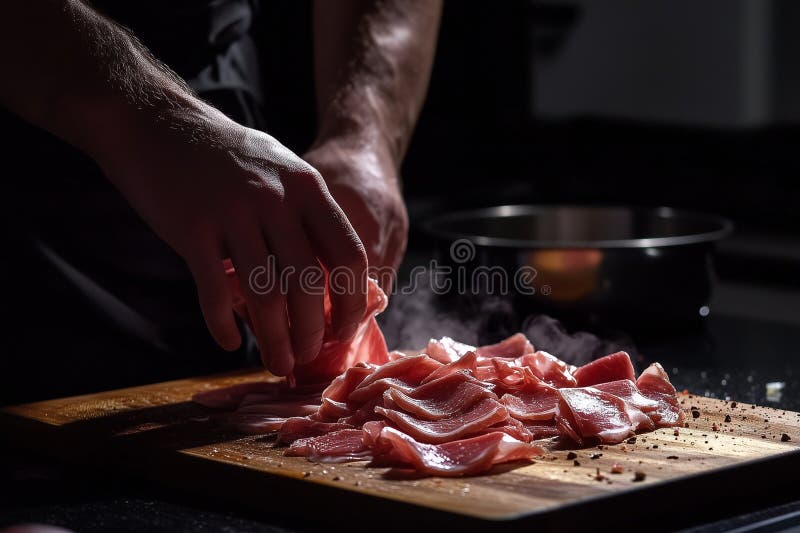 Chef Preparing Raw Meat on the Wood Cutting Board in the Kitchen Stock ...
