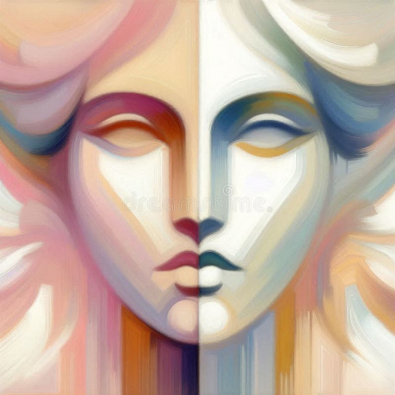 Abstract Painting of a Stylized Face Divided Symmetrically Down the ...