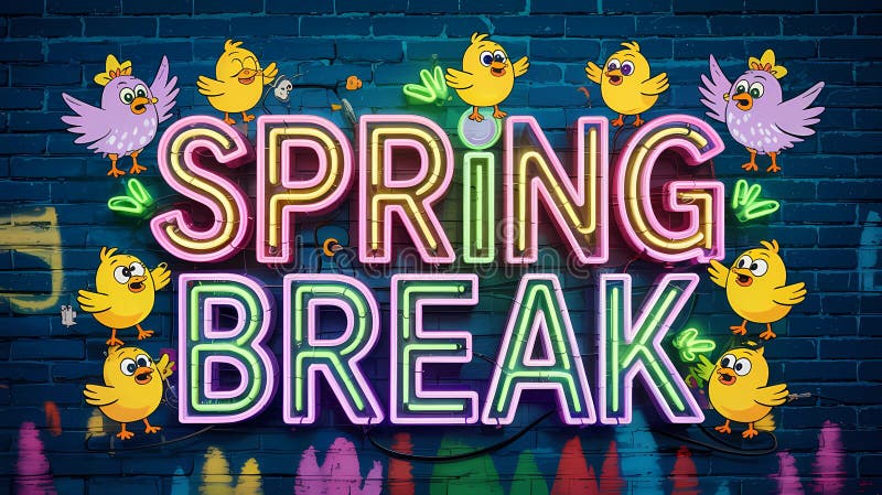 Neon Spring Break Sign with Cute Cartoon Chicks on Graffiti Wall ...