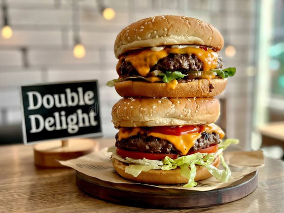 Double Cheeseburger Stack with Melted Cheese and Fresh Veggies . Stock ...
