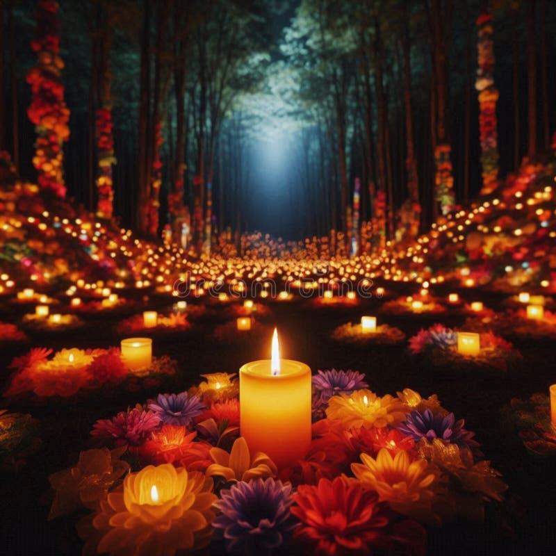 Candles Illuminate a Dark Forest Pathway, Bordered by Vividly Colored ...