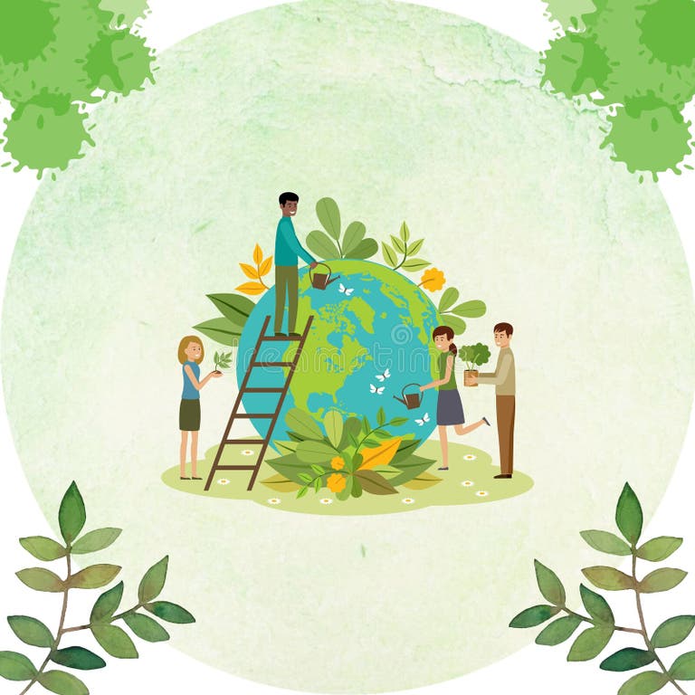 Illustration of Four People Engaging in Environmental Activities Around ...