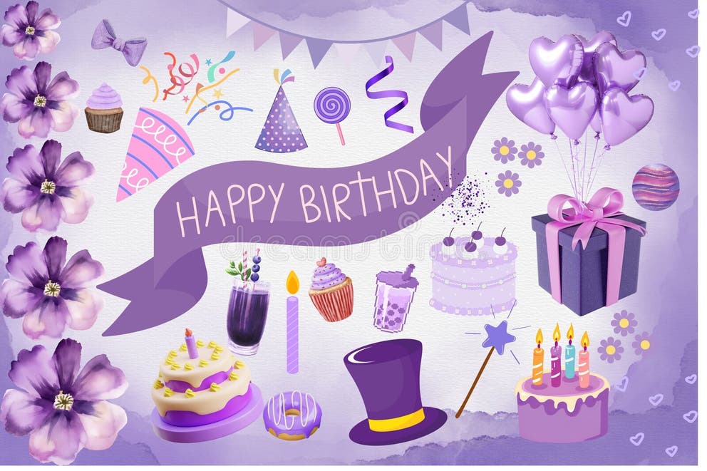 Fun Purple Birthday Card Con Tartas Globos Y Decoraciones De Fiestas ...