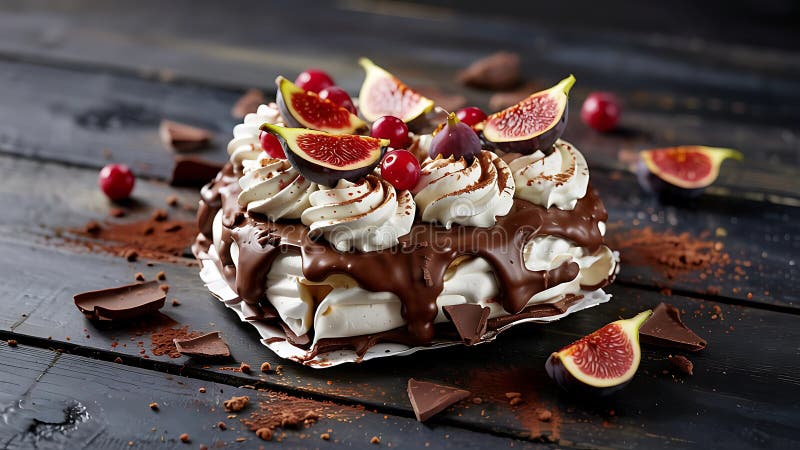 Chocolate Pavlova Slice with Figs and Berries on Rustic Wooden ...