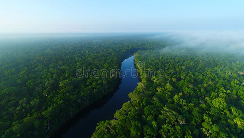 Aerial View of Dense Amazon Rainforest with Serpentine River and ...