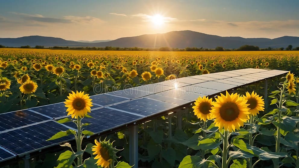 Solar Panels in a Blooming Sunflower Field – Clean Energy and Eco ...