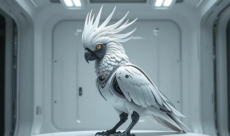 Robotic Parrot with White Panels in Futuristic Grey Environment Stock ...