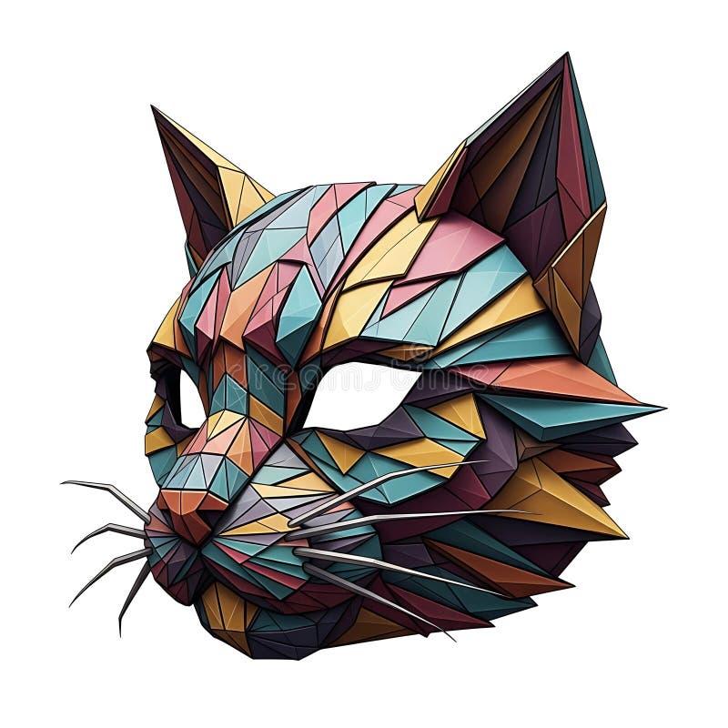 Geometric Cat Head Art - Colorful Low Poly Feline Design on White ...