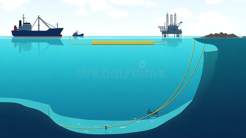Illustrative Diagram of Submarine Cable Laying Across Ocean Floor with ...