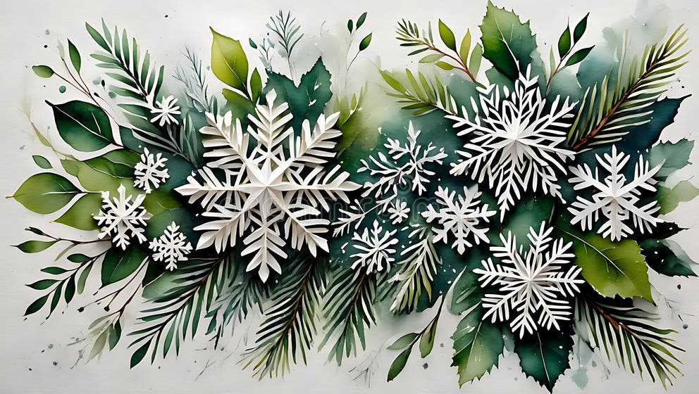 Winter Snowflakes and Greenery Watercolor – Holiday Nature Illustration ...