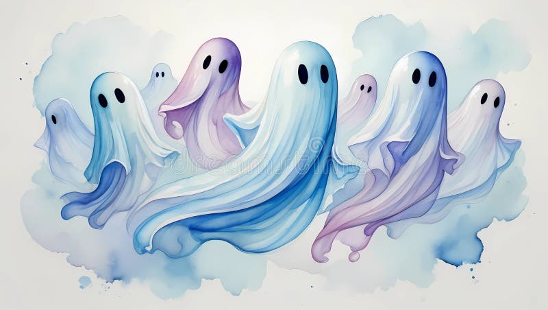 Cute Watercolor Halloween Ghosts Floating on Blue Background . Stock ...