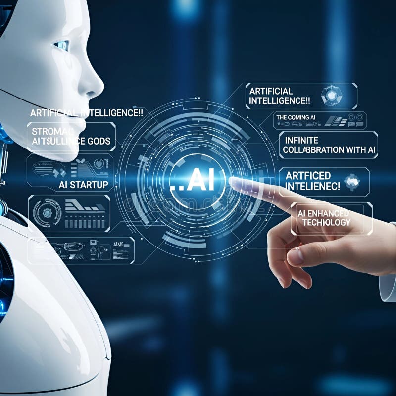 Futuristic AI Robots Showcasing Digital Marketing & Data Innovation in Blue Holographic Style ...