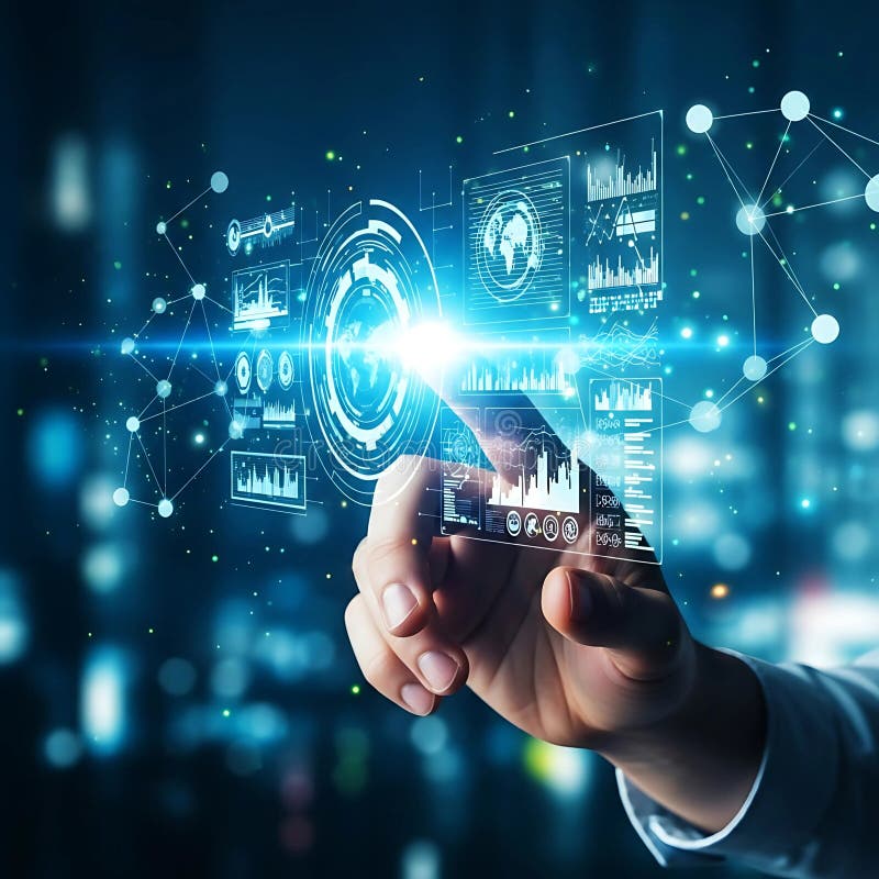 Futuristic AI Robots Showcasing Digital Marketing & Data Innovation in Blue Holographic Style ...