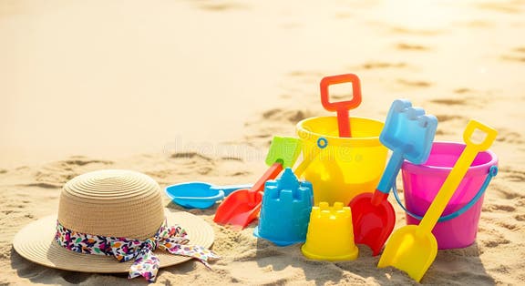 Flat Lay of Beach Toys and Hats on Sandy Shore with Ample Sky Space for ...