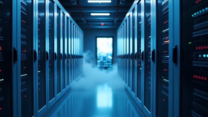 Perfectly Aligned Server Racks in Data Center with Cool Blue Lighting ...