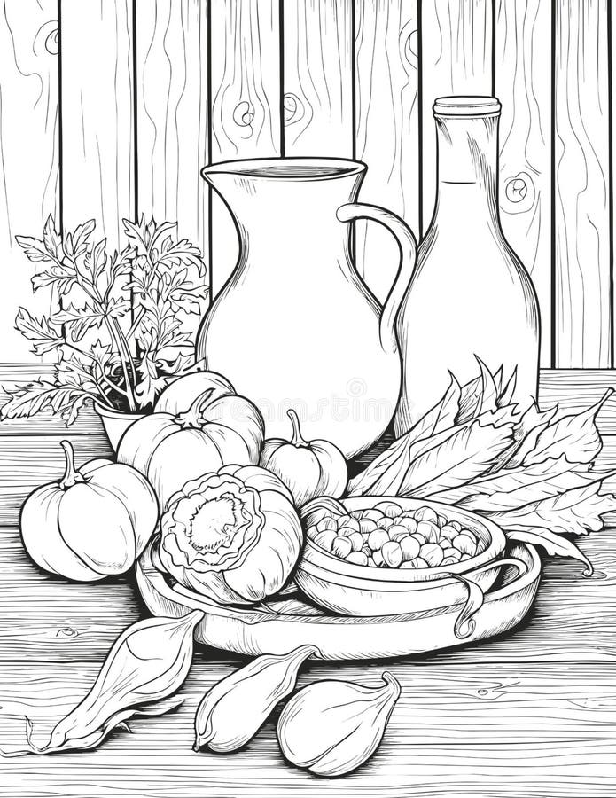 Still Life Outline, a Bounty of Fresh Vegetables Stock Illustration ...