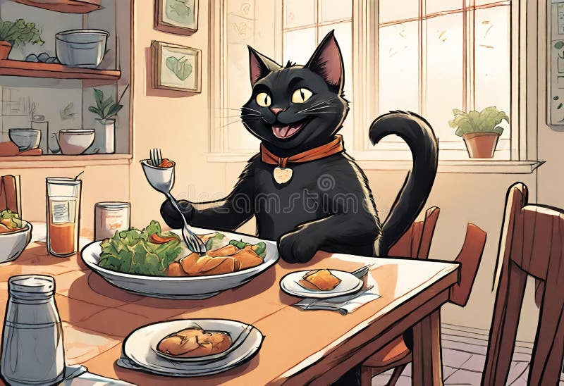 An Illustration about Black Cat Named Duffy Having Lunch Time Stock ...
