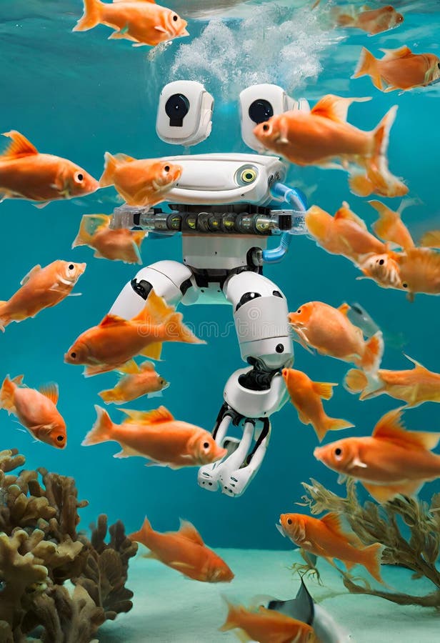 Futuristic Robot Diving Under Water Surrounded by Fish Stock Photo ...
