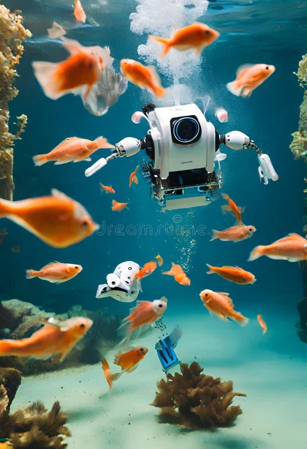Futuristic Robot Diving Under Water Surrounded by Fish Stock Image ...