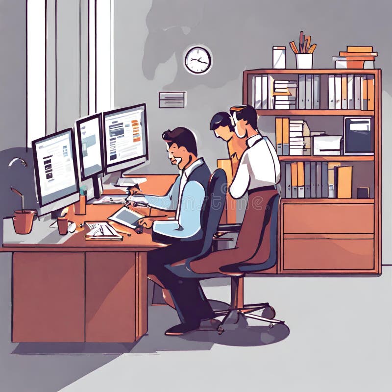 Illustration of People Working in the Office with a Computer Stock ...