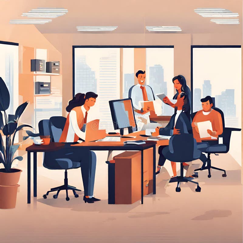 Illustration of People Working in the Office with a Computer Stock ...