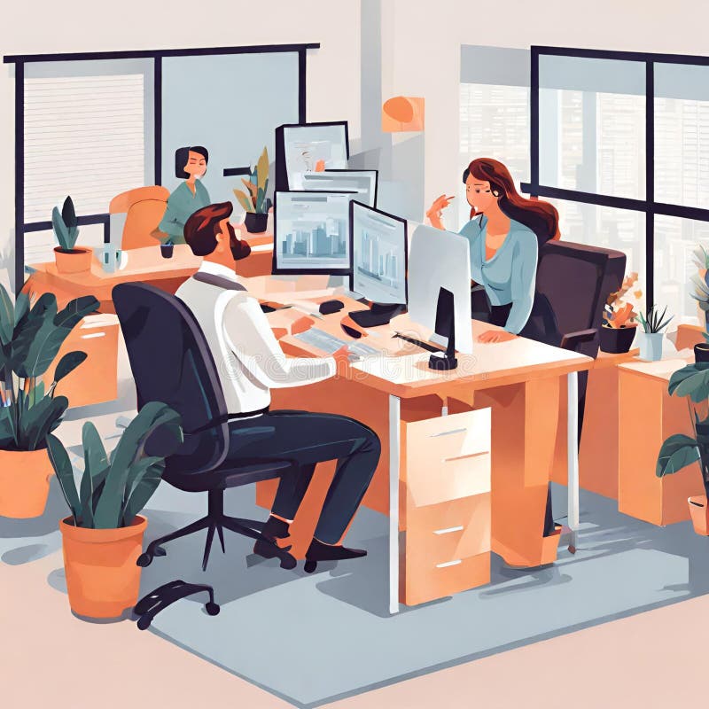 Illustration of People Working in the Office with a Computer Stock ...