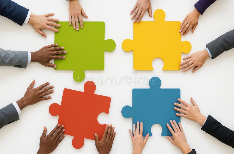 Diverse Hands Connect Puzzle Pieces Showing Teamwork Unity ...