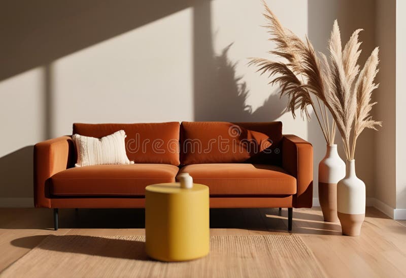 Mid Century Modern Living Room with Rust Sofa and Natural Decor Stock ...