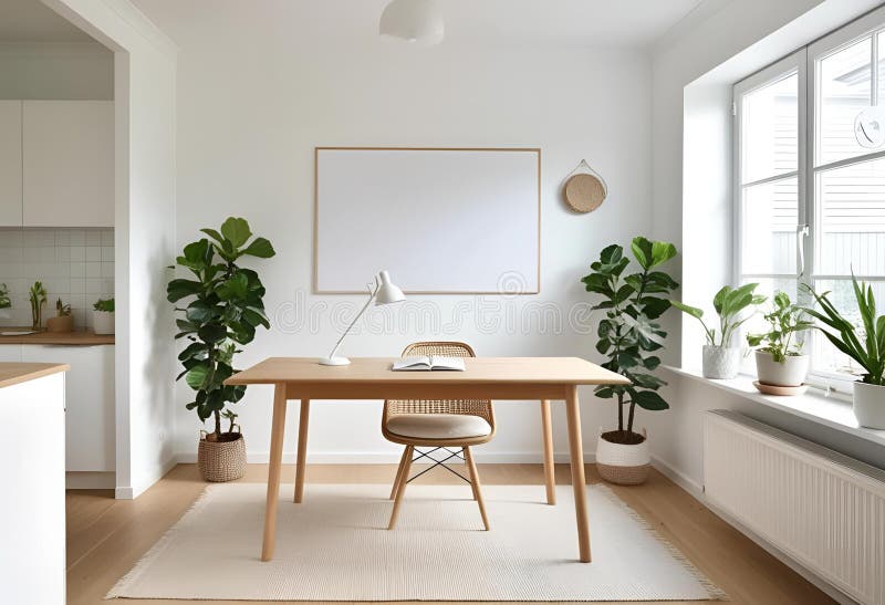 Scandinavian Inspired Workspace with White Wall Frame and Plants ...