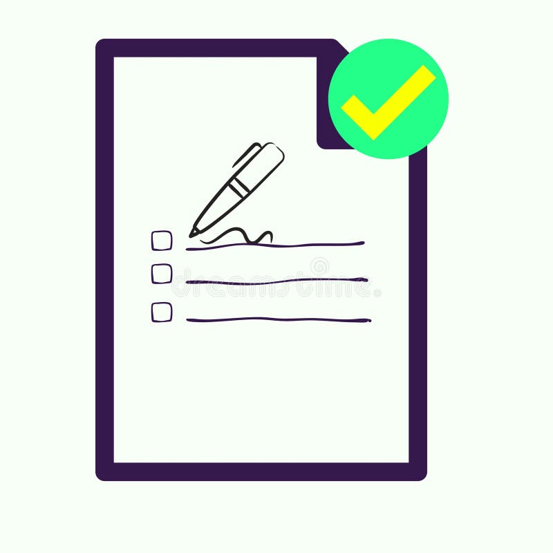Hand-Drawn Document with Pen, Checkboxes, and Approval Check Mark Icon ...