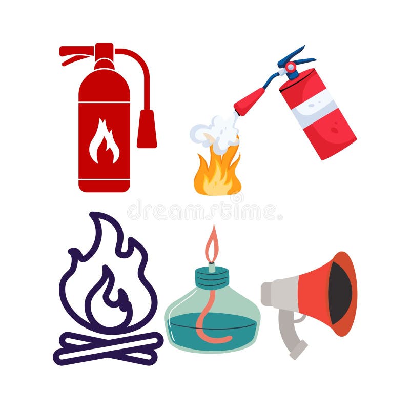 Fire Safety Icon Set Png Extinguishers, Campfire, Lamp, Megaphone Stock ...