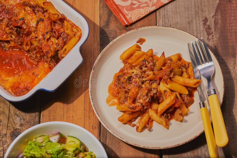 Minced beef pasta bake. stock photo. Image of dinner - 268461520