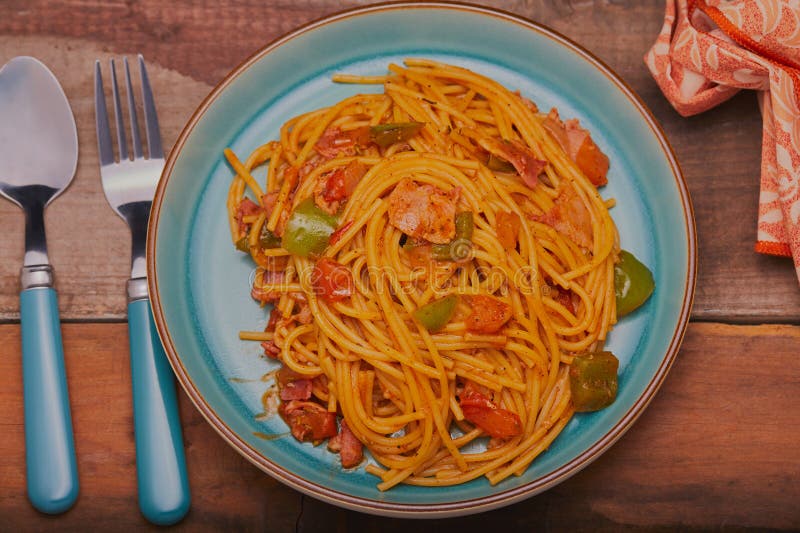 Bacon and Spaghetti Pasta Flat Lay. Stock Image - Image of garlic ...