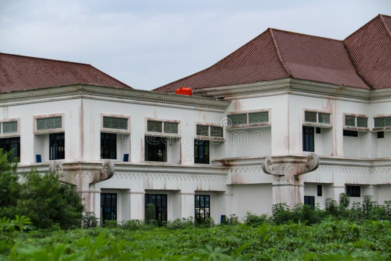 An Unused White Building Whose Yard is Filled with Shrubs Stock Image ...