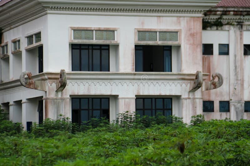 An Unused White Building Whose Yard is Filled with Shrubs Stock Photo ...
