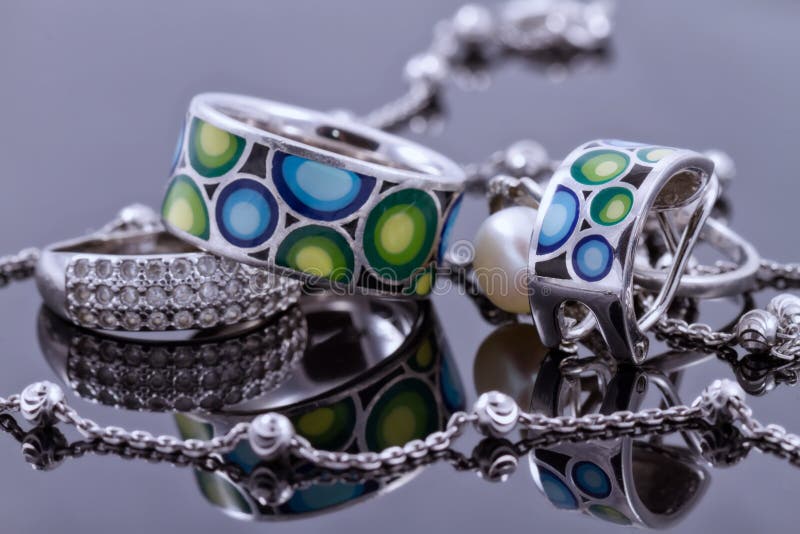 Unusual Beautiful Silver Chain and a Silver Ring with Gems Stock Photo ...