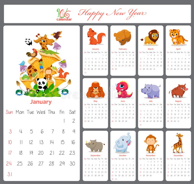 Unusual Calendar for 2016 with Cartoon and Funny Animals Stock Vector ...