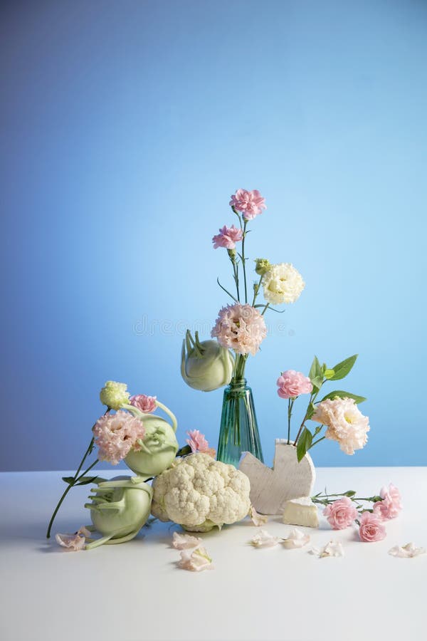Unusual Composition of Flowers, Vegetables and Cheese Stock Image ...