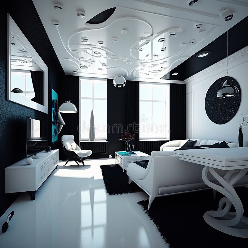 Unusual Creative Interior Design of the Living Room in Black and White ...