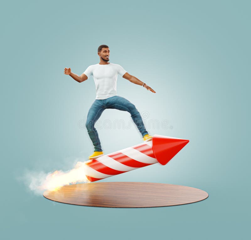 Young Man Riding on a Firework Rocket Stock Illustration - Illustration ...