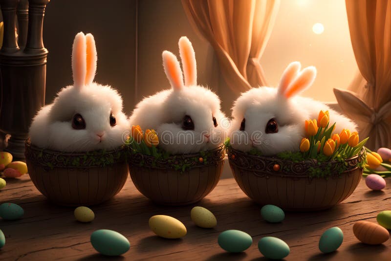 Unusual Easter Symbols, Fluffy White Fantasy Rabbit-like Creatures. AI ...