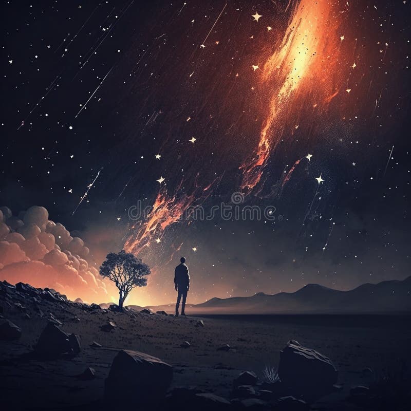 Unusual Fantastic Landscape, Fire Flies in the Night Sky, Falling Comet ...