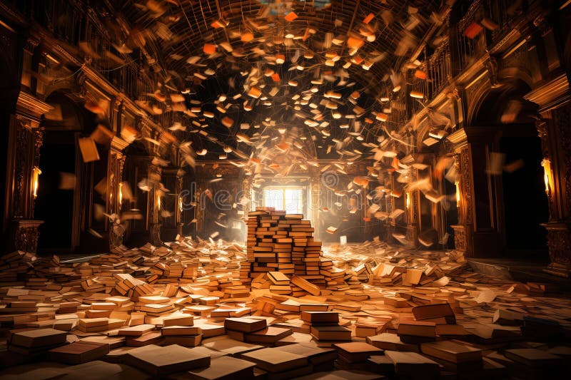 An Unusual Library with Flying Books and Books on the Floor Stock ...