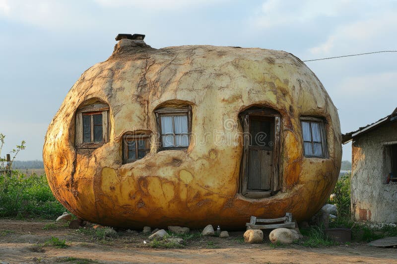 Unusual Potato-shaped House with Windows and a Door in a Rural Setting ...